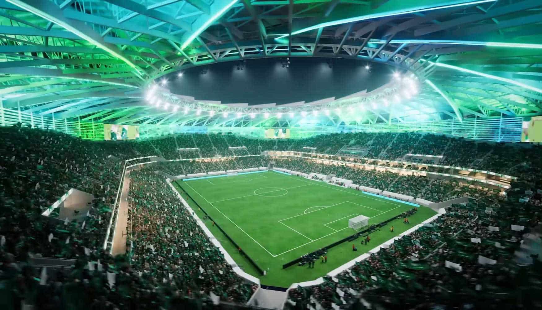 Aerial footage shows progress in Aramco Stadium project